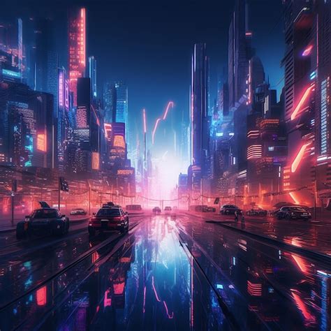 Futuristic City At Night With Neon Lights And Cars On The Road
