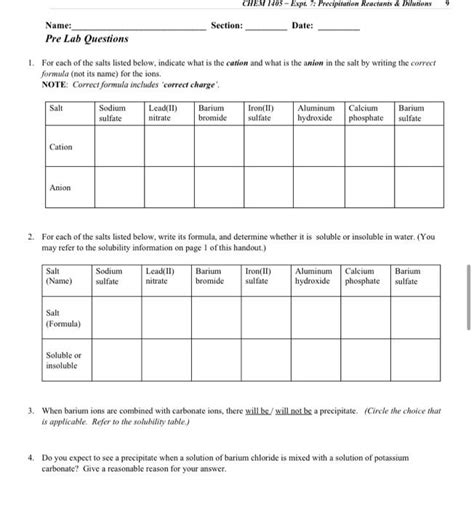 Solved Name Section Date Pre Lab Questions 1 For Each Of Chegg