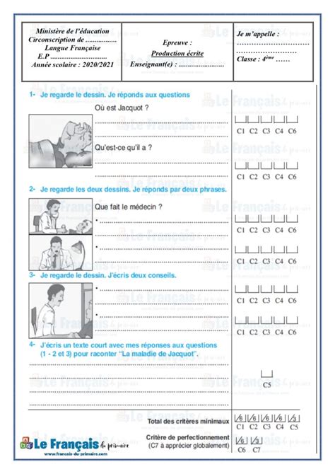 Evaluation Production écrite 4ème année Module 5 et 6 Le français