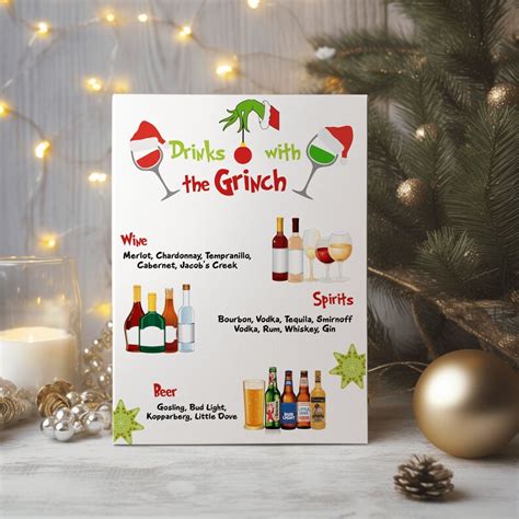 Grinch Christmas Drink Menu Template Christmas Party Bar Sign Drink