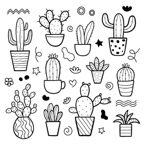 Lindo Cactus De Vector Dibujado A Mano En Las Macetas Vector Premium