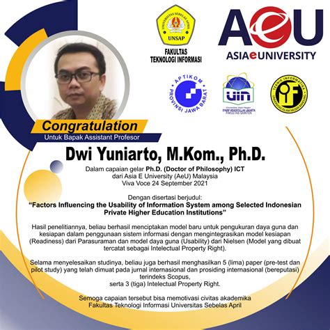 Ucapan Selamat Atas Pencapaian Gelar Doktor Kepada Dwi Yuniarto M Kom