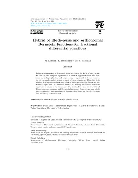 pdf hybrid of block pulse and orthonormal bernstein functions for fractional differential