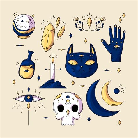 Colección de elementos esotéricos dibujados a mano Vector Premium