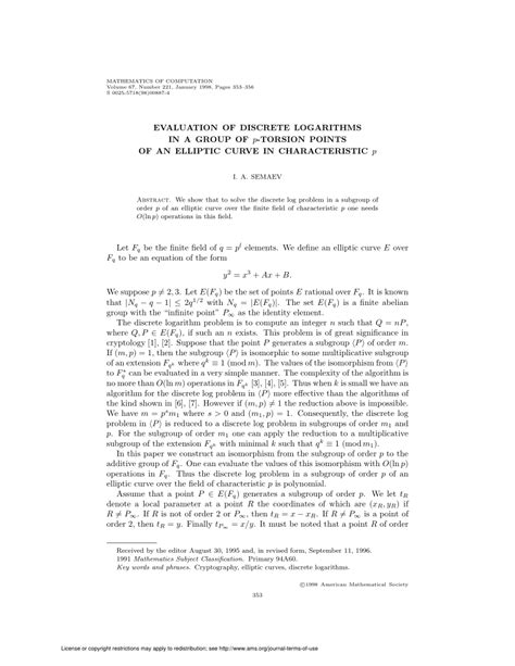 pdf evaluation of discrete logarithms in a group of 𝑝 torsion points of an elliptic curve in