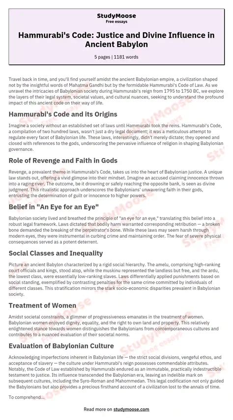 Hammurabi S Code Justice And Divine Influence In Ancient Babylon Free