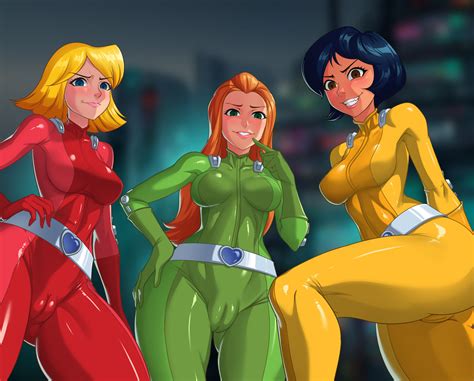 Rule 34 3 Bodysuits 3girls Alex Totally Spies Belt Black Hair Blonde Hair Blue Eyes Bodysuit