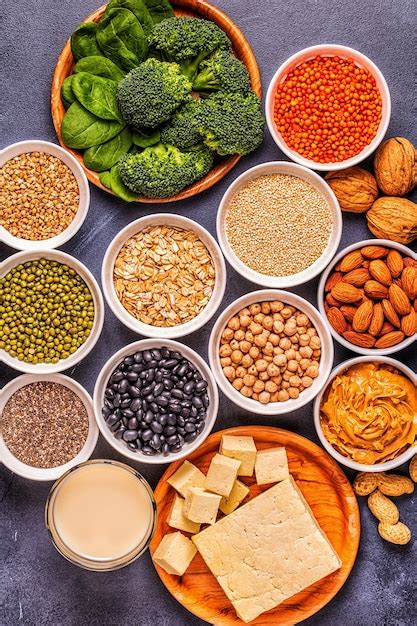 Comida vegana de dieta saludable fuentes de proteínas vegetales vista