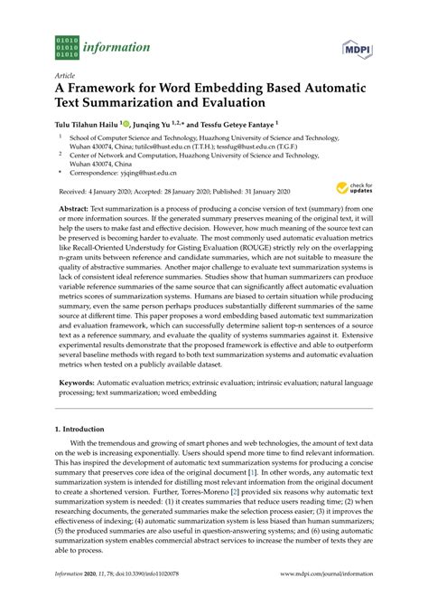pdf a framework for word embedding based automatic text summarization and evaluation