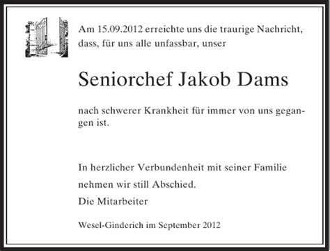 Alle Traueranzeigen F R Seniorchef Jakob Dams Trauer Rp Online De