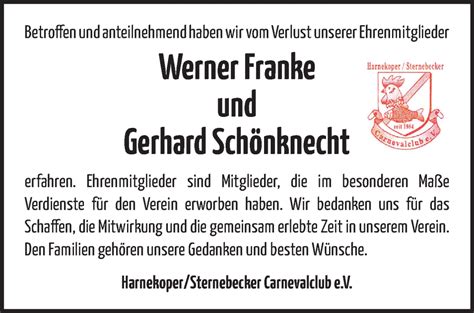 Traueranzeigen von Werner und Gerhard Franke und Schönknecht