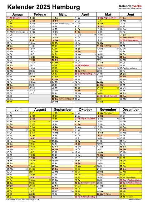 Kalender 2025 Hamburg Ferien Feiertage Excel Vorlagen
