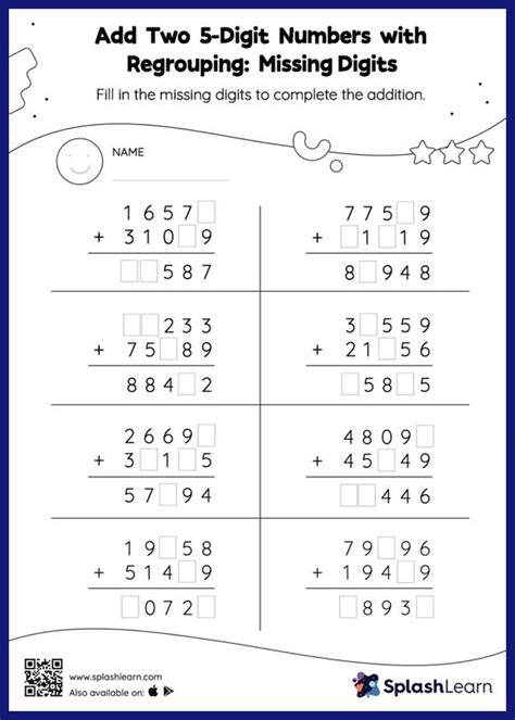 add two 5 digit numbers with regrouping missing digits math worksheets splashlearn