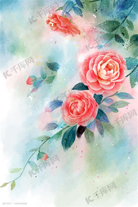 水彩花朵小清新梦幻鲜花古风山茶花水墨插画图片 千库网