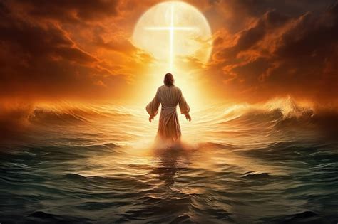 Imagen de jesucristo caminando sobre el agua y orando a dios tecnología