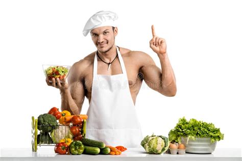 Bodybuilder Chef With Apron On Naked Muscular Body Stock Photo Image