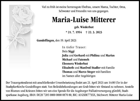 Traueranzeigen Von Maria Luise Mitterer Augsburger Allgemeine Zeitung