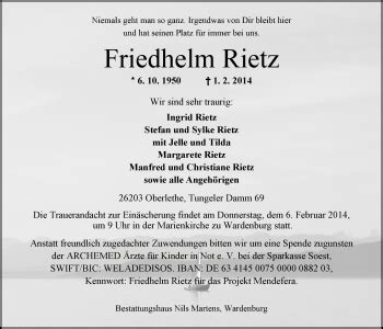 Traueranzeigen Von Friedhelm Rietz Nordwest Trauer De