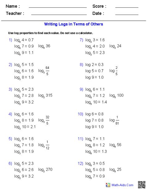 Exponential Functions And Logarithms Worksheets