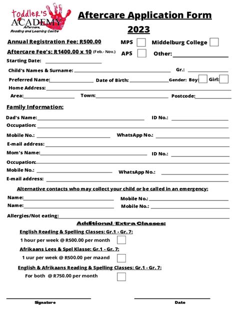 Fillable Online Aftercare Application Form 2023 Fax Email Print PdfFiller
