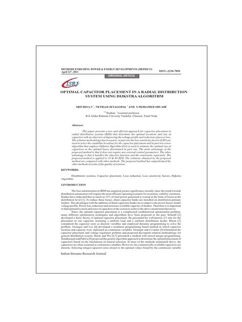 optimal capacitor placement in a radial distribution system using dijkstra algorithm pdf