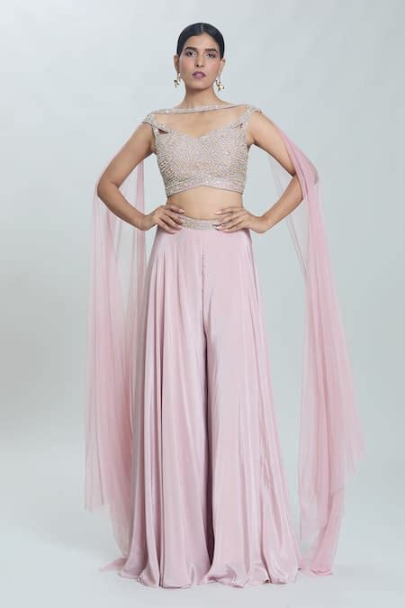 Buy Pink Georgette Embellished Bead Cape Boat Shoulder Sharara Set For