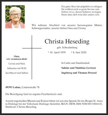 Traueranzeigen Von Christa Heseding Om Trauer De