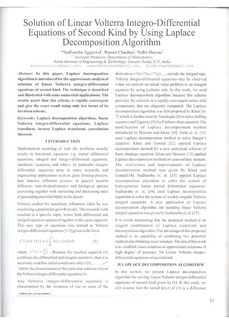 pdf solution of linear voltera integro differential equations of second kind by using laplace