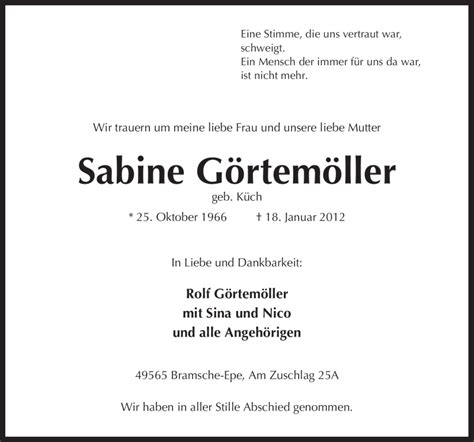 Traueranzeigen von Sabine Görtemöller noz Trauerportal