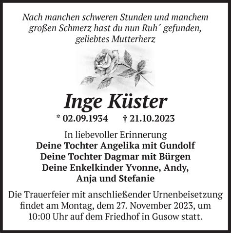 Traueranzeigen von Inge Küster Märkische Onlinezeitung Trauerportal