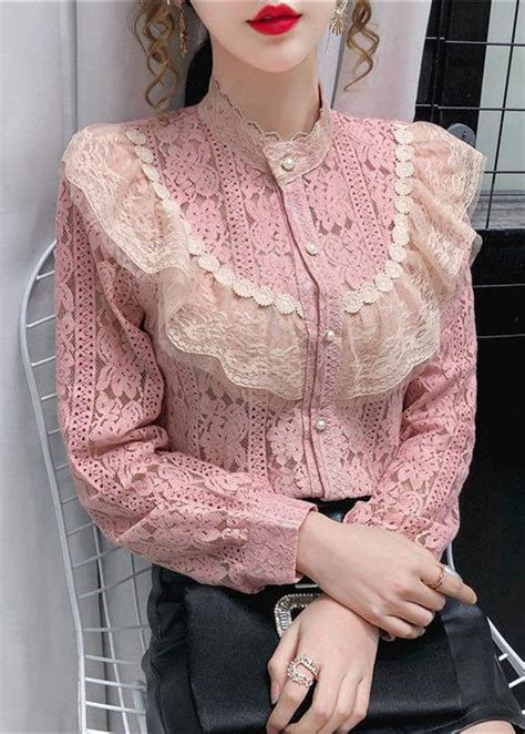 Pink Lace Loose Shirt Top Knopf aushöhlen Langarm Stoff Spitze Größe