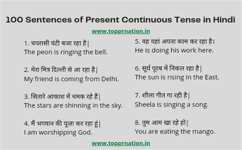 100 Sentences Of Present Continuous Tense In Hindi