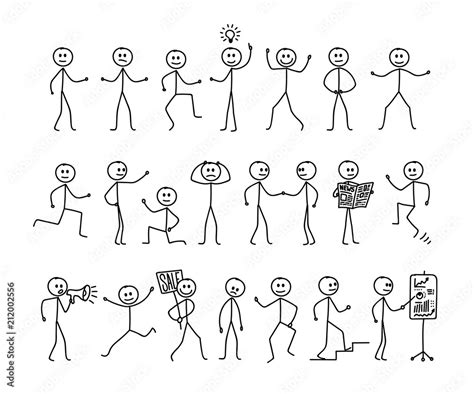 Vecteur Stock Set Of Man Drawing Different Poses Stick Figure People