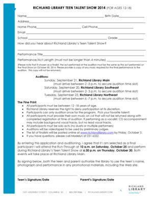 Fillable Online Eauclaire Richlandone Teen Talent Show Application