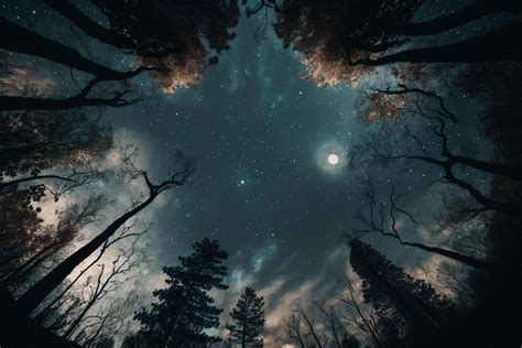 Mystical Forest With Full Moon And Stars In The Night Bright Sky Ai