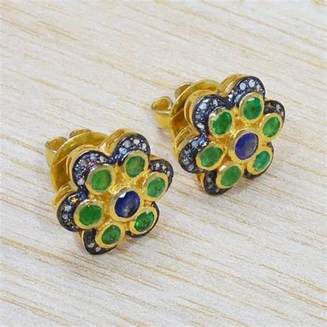 Real Diamonds Party Wear Ruby And Polki Diamond Gold Plated Stud
