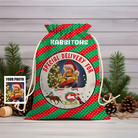 Sportswearmerch Rabbitohs NRL Christmas Custom Photo Drawstring Bag
