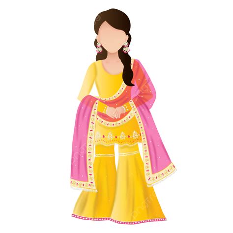 Haldi Bride Yellow Outfit Indian Wedding Illustration Mehndi Dress
