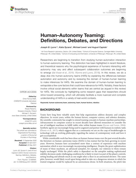 pdf human autonomy teaming definitions debates and directions