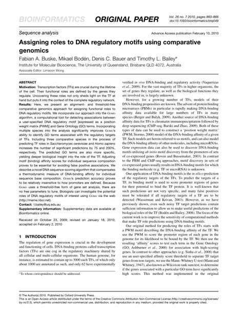 pdf assigning roles to dna regulatory motifs using comparative genomics