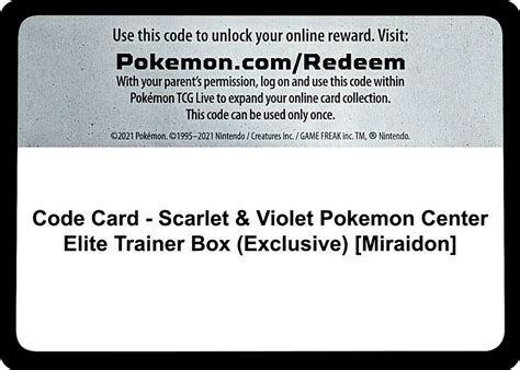 Code Card Scarlet Violet Pokemon Center Elite Trainer Box