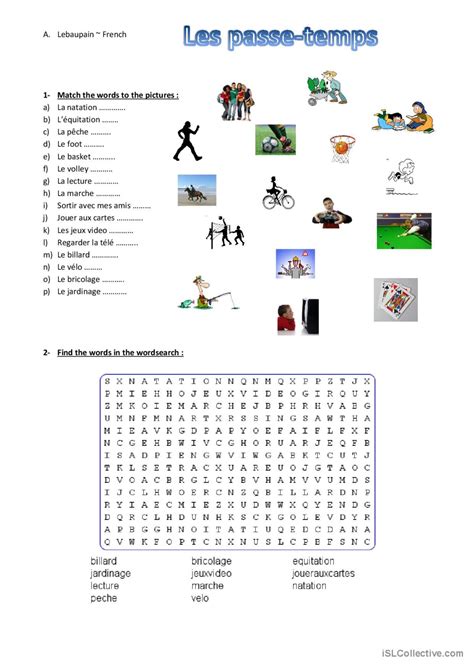 les passe temps fiche d exercices Fiches pédagogiques gratuites FLE