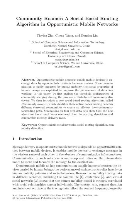 pdf community roamer a social based routing algorithm in opportunistic mobile networks
