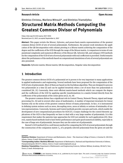pdf structured matrix methods computing the greatest common divisor of polynomials