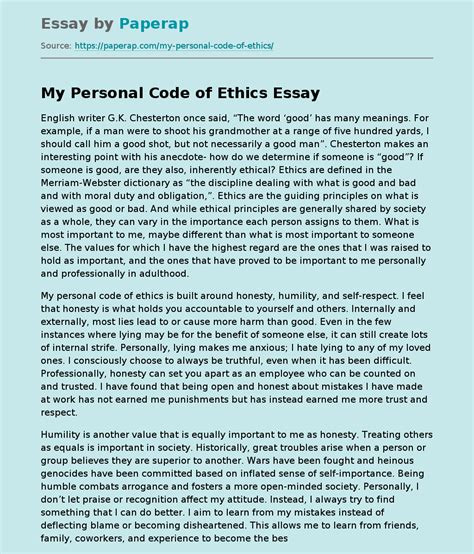 My Personal Code Of Ethics Paper My Personal Code Of Ethics