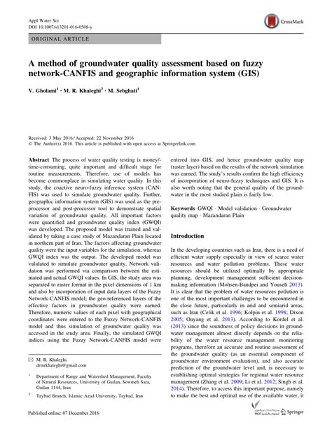 pdf a method of groundwater quality assessment based on fuzzy network canfis and geographic