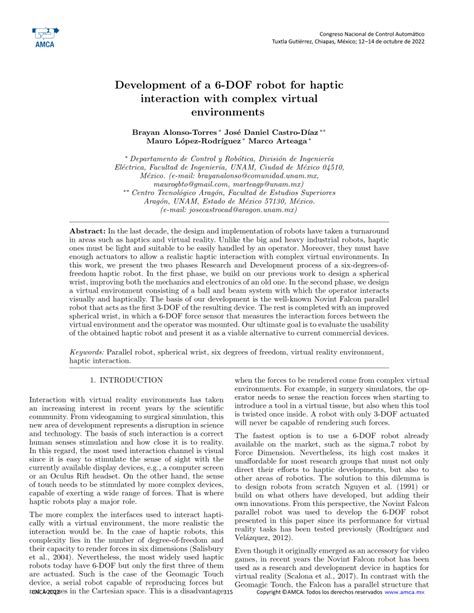 pdf development of a 6 dof robot for haptic interaction with complex virtual environments