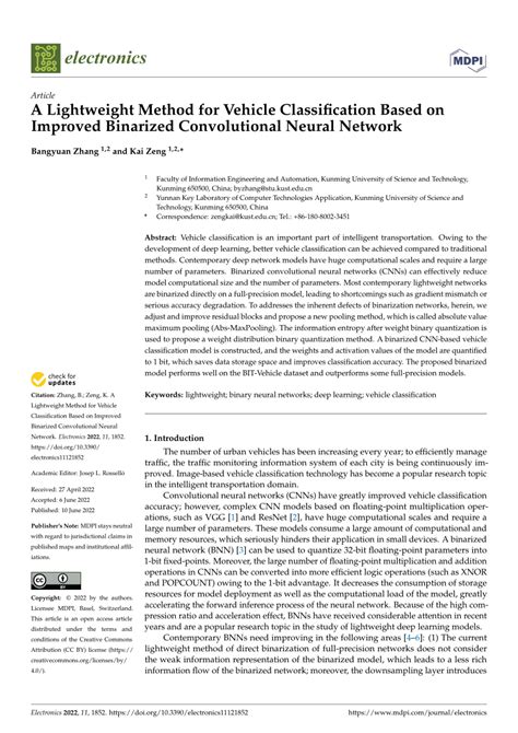 pdf a lightweight method for vehicle classification based on improved binarized convolutional