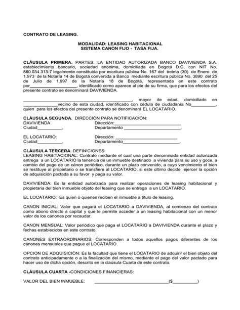 Contrato De Leasing Modalidad Leasing Habitacional Sistema Canon