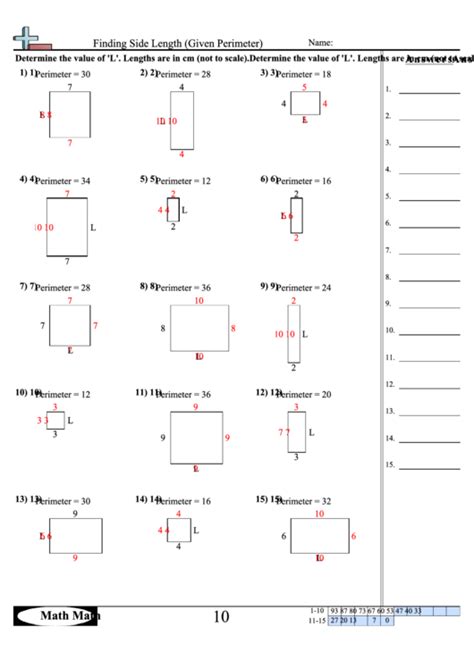 finding side length given perimeter worksheet with answer key printable pdf download